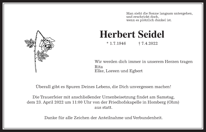 Traueranzeigen von Herbert Seidel | mittelhessen-gedenkt.de