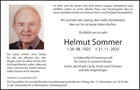 Traueranzeigen von Helmut Sommer | mittelhessen-gedenkt.de