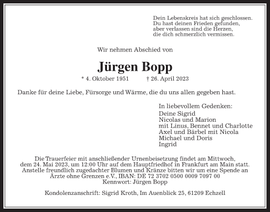 Traueranzeigen von Jürgen Bopp | mittelhessen-gedenkt.de
