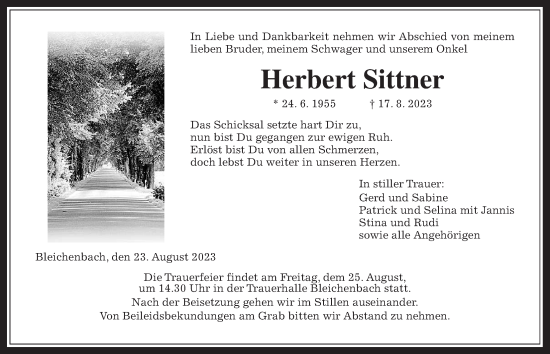 Traueranzeigen von Herbert Sittner | mittelhessen-gedenkt.de