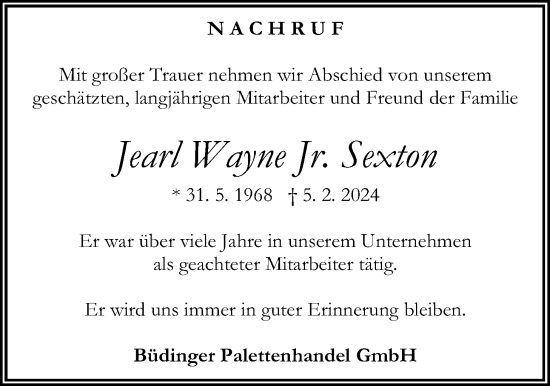 Traueranzeigen von Jearl Wayne Sexton | mittelhessen-gedenkt.de