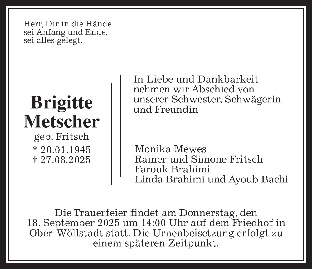 Traueranzeigen von Brigitte Metscher | mittelhessen-gedenkt.de